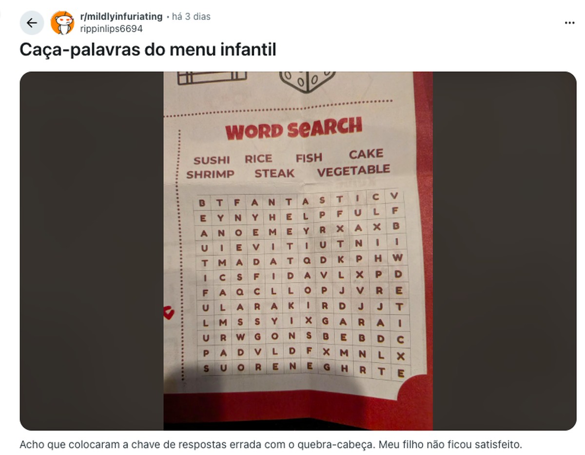 Caça-palavras 'impossível' em cardápio infantil irrita pais e gera ...